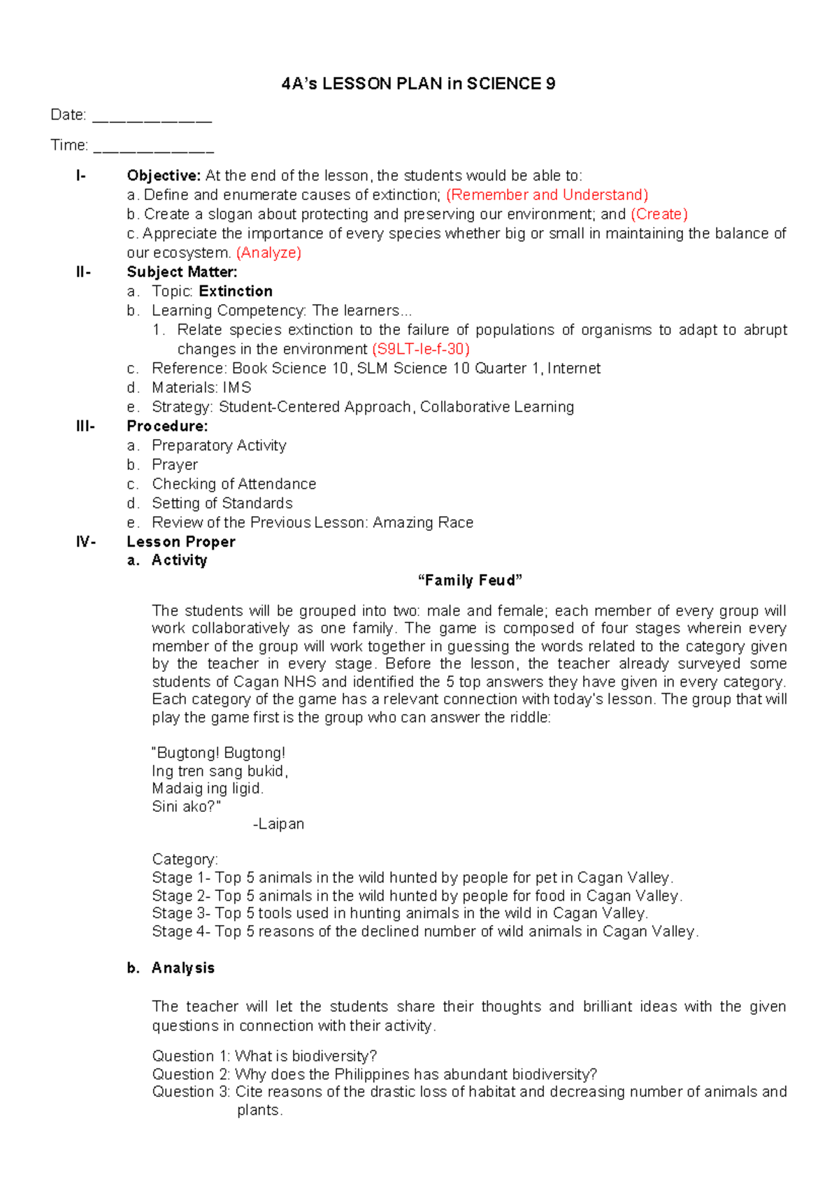 Lesson plan in science - 4A’s LESSON PLAN in SCIENCE 9 Date ...