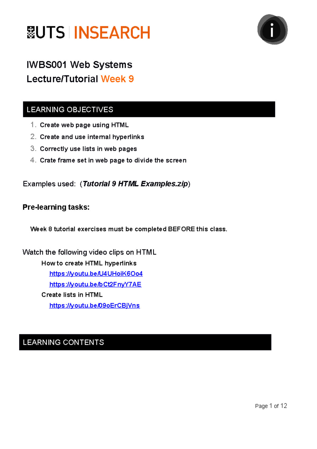 IWBS001-Tutorial Week 09 - IWBS001 Web Systems Lecture/Tutorial Week 9 LEARNING OBJECTIVES 1 ...