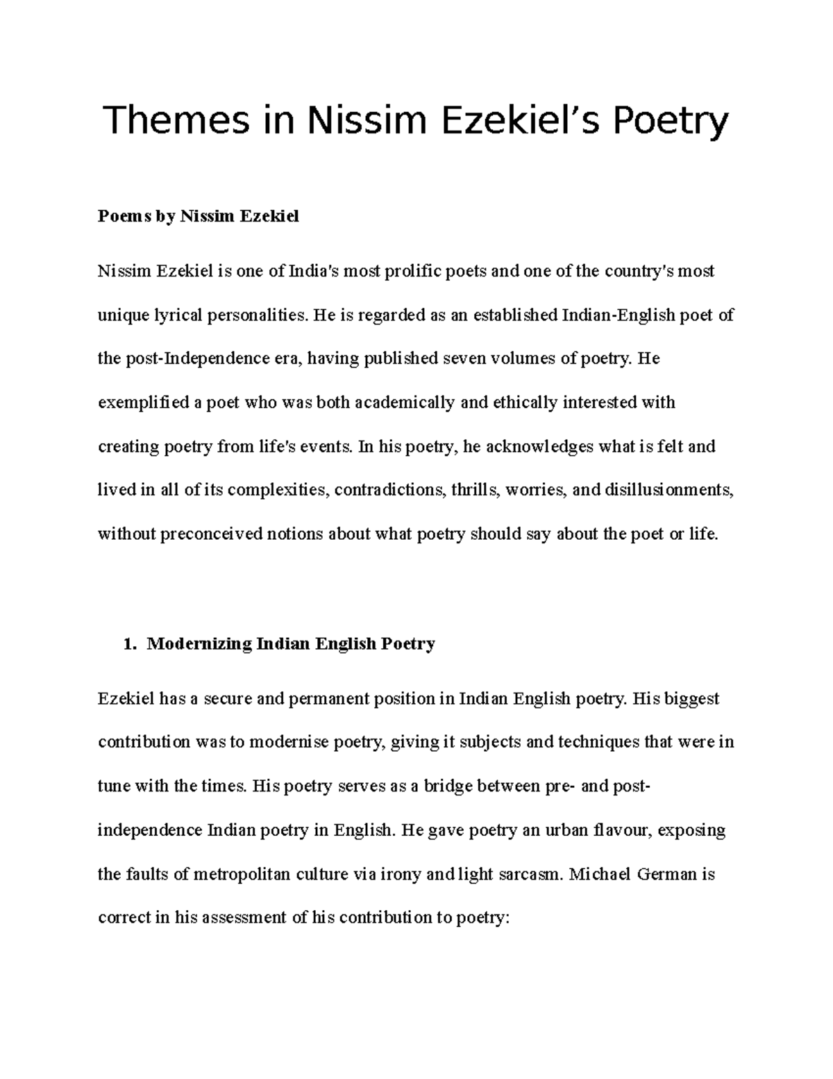 Themes in Nissim Ezekiel’s Poetry - Themes in Nissim Ezekiel’s Poetry ...