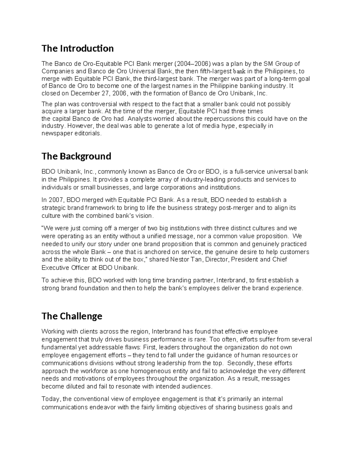 Case Study of BDO-PCI Bank Merger - The Introduction The Banco de Oro ...