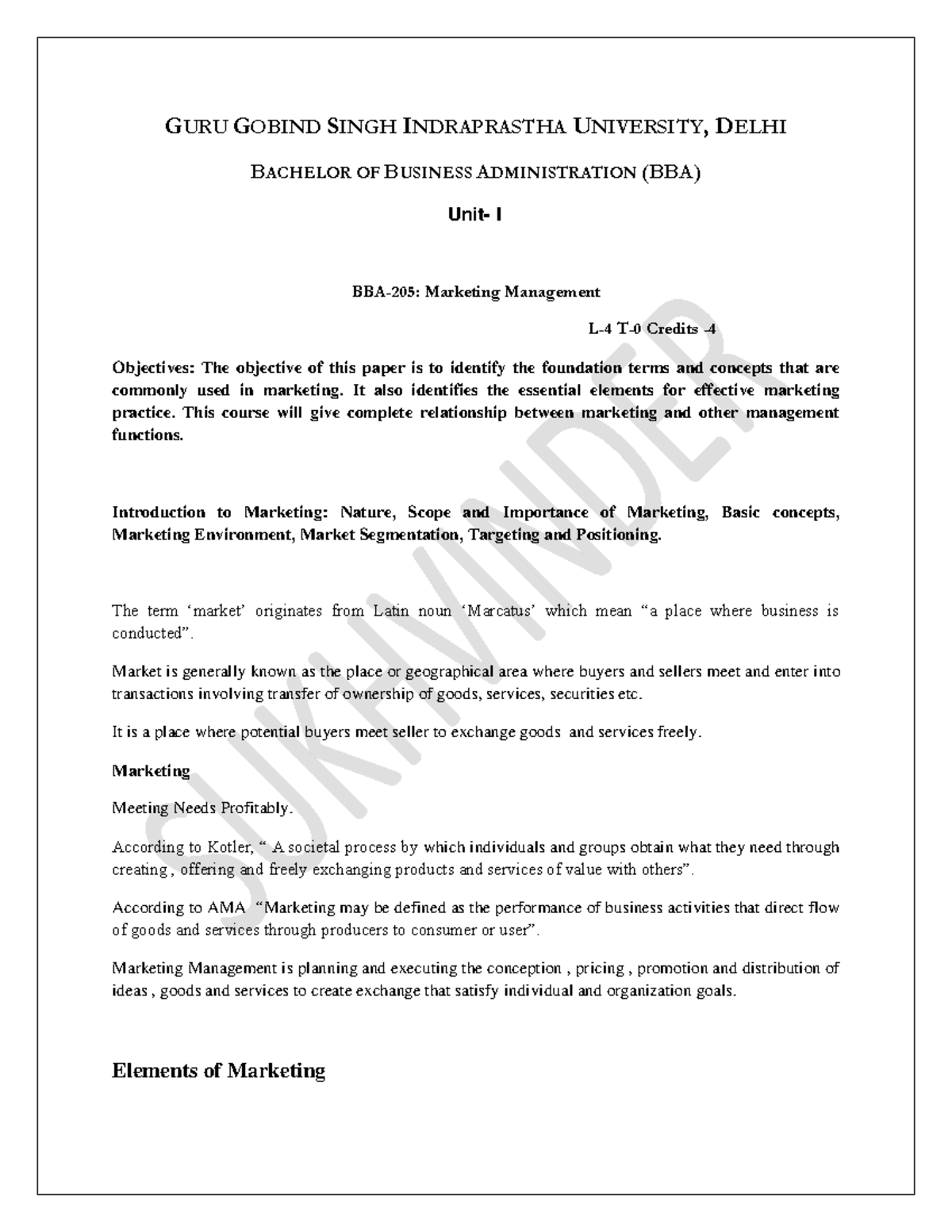 BBA MM notes Unit -I - GURU GOBIND SINGH INDRAPRASTHA UNIVERSITY, DELHI ...