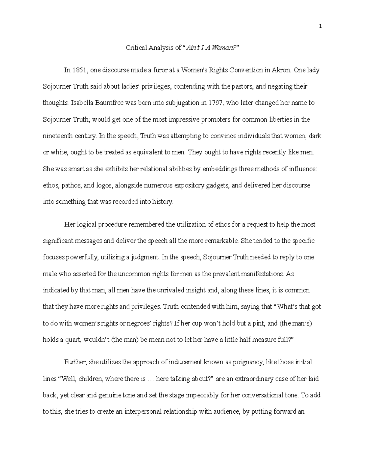 Critical Analysis - Ain't I A Woman - 1 Critical Analysis of “ Ain’t I ...