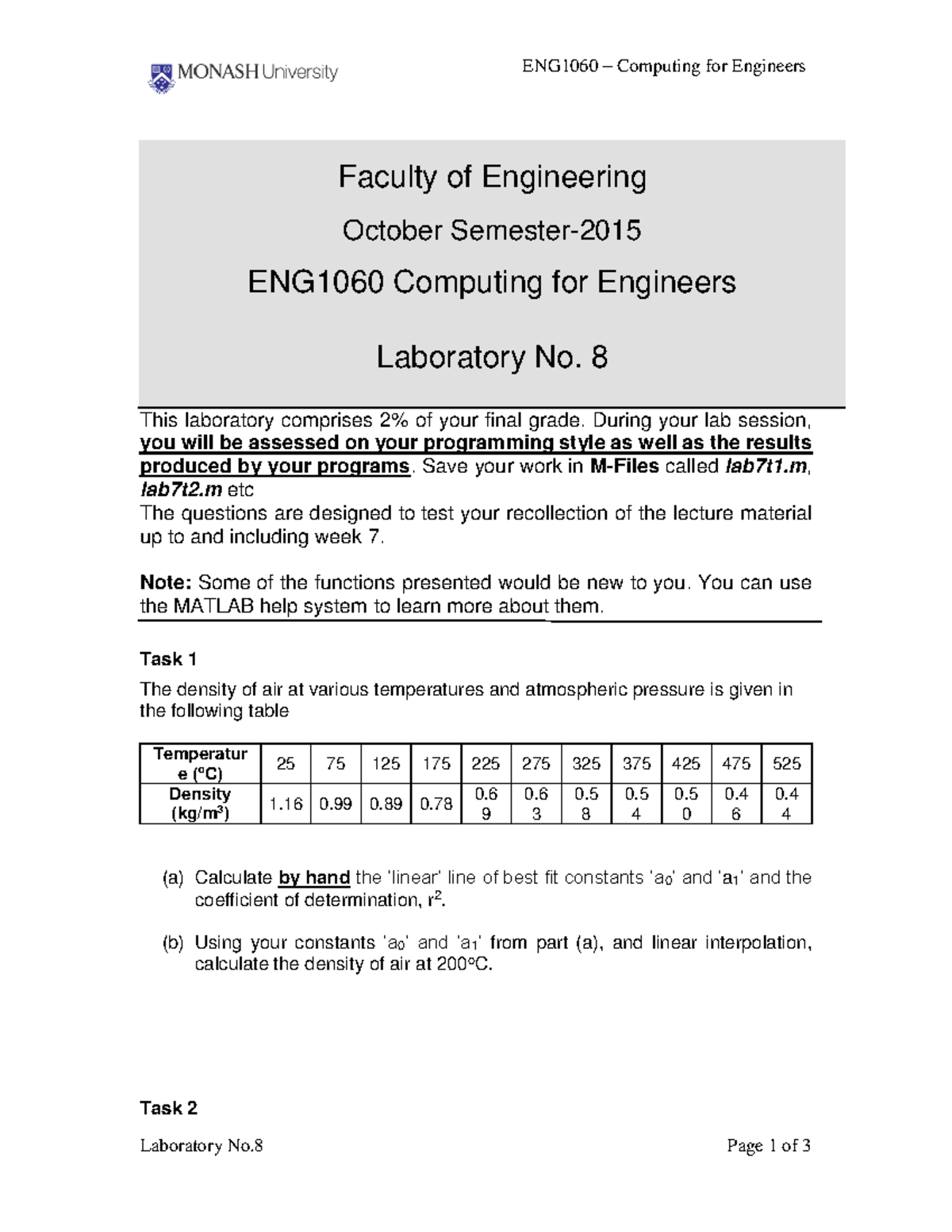 Lab8 - MATLAB Lab 8 - ENG1060 – Computing for Engineers Faculty of ...