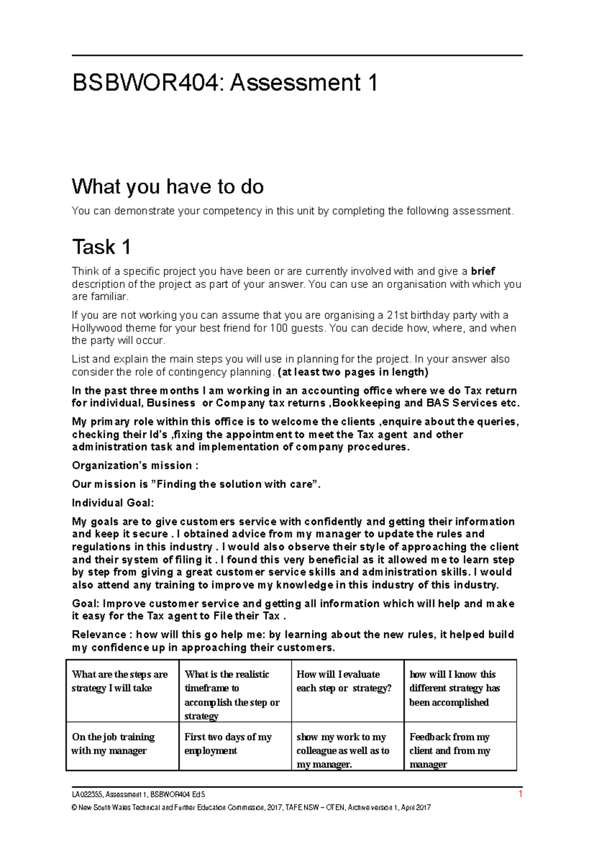 LA022355 Assmt 1 Bsbwor 404 Ed5 -Answers 2 - BSBWOR404: Assessment 1 ...