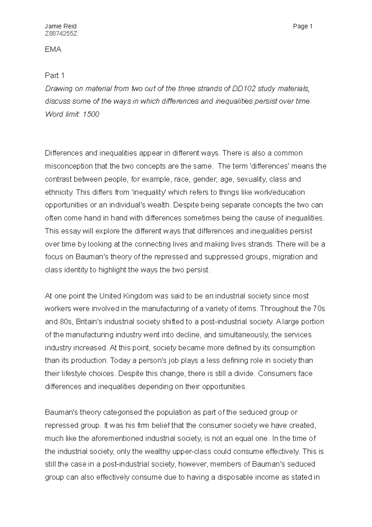 EMA - Essay - Z8874255Z EMA Part 1 Drawing on material from two out of ...