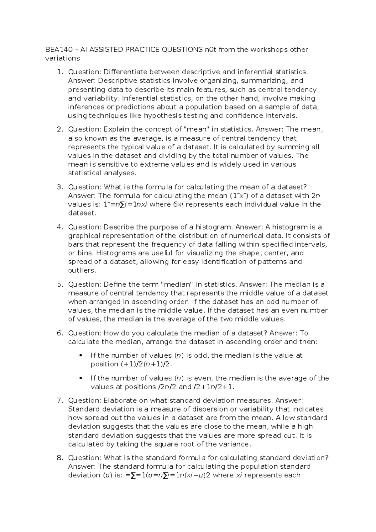 BEA140 - Practice Questions 1 - BEA140 – AI ASSISTED PRACTICE QUESTIONS n0t from the workshops ...