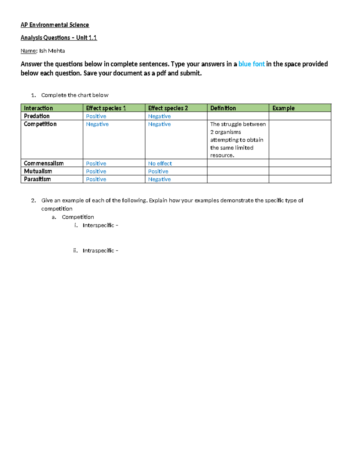 Analysis Questions - Unit 1 - AP Environmental Science Analysis ...