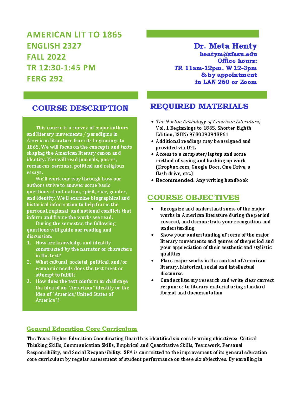 Syllabus for American Lit. - AMERICAN LIT TO 1865 ENGLISH 2 327 FALL 20 ...