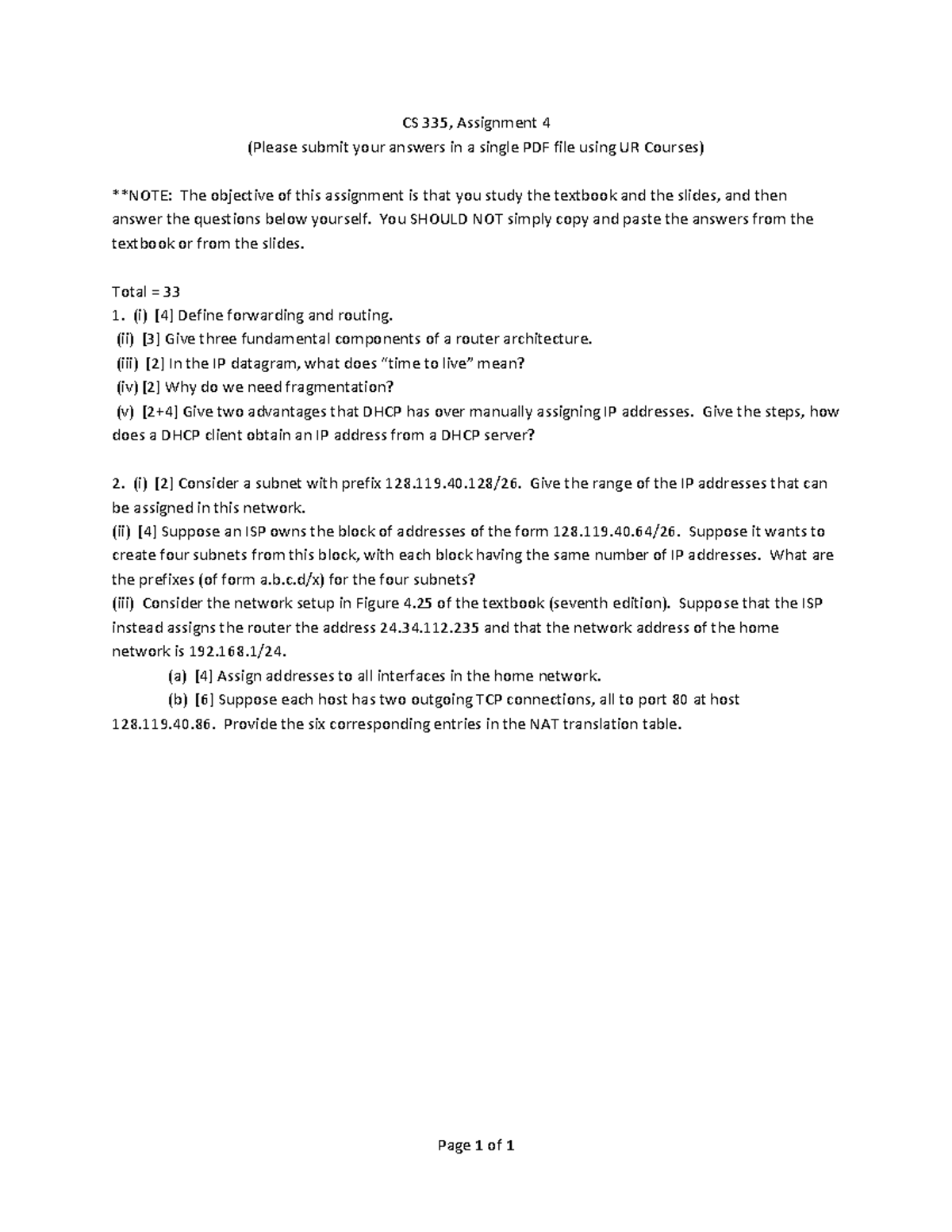 Asg 4 - assignment - Page 1 of 1 CS 335, Assignment 4 (Please submit your answers in a single ...