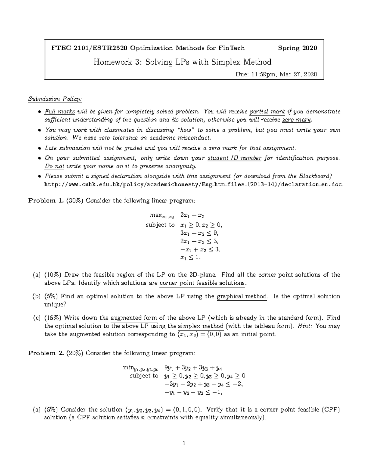 Hw3 2020 - HOMEWORK - FTEC 2101/ESTR2520 Optimization Methods for FinTech Spring 2020 Homework 3 ...