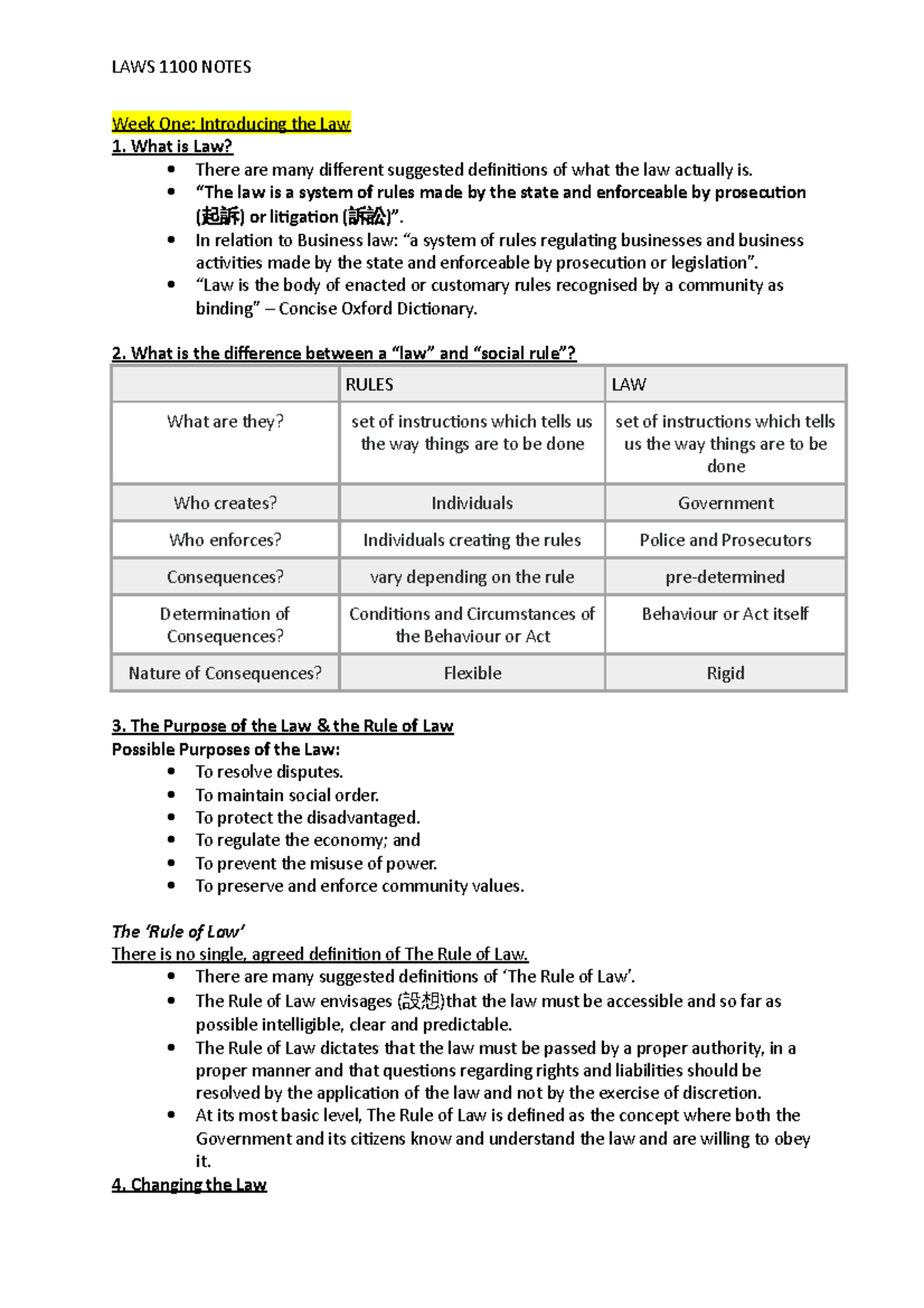 LAWS 1100 mid sem exam notes - Week One: Introducing the Law 1. What is ...