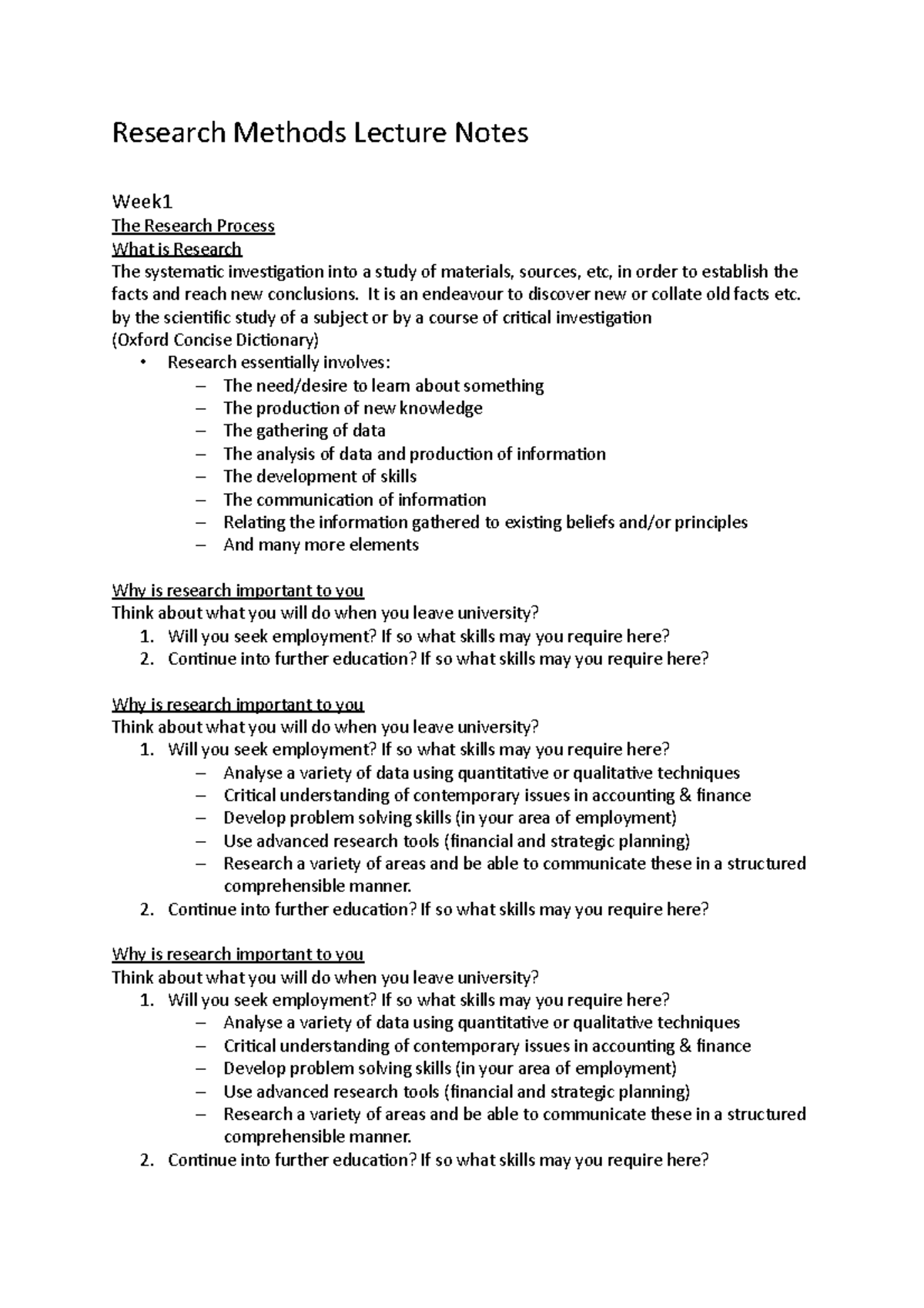 Lecture Notes complete - Research Methods Lecture Notes Week The ...