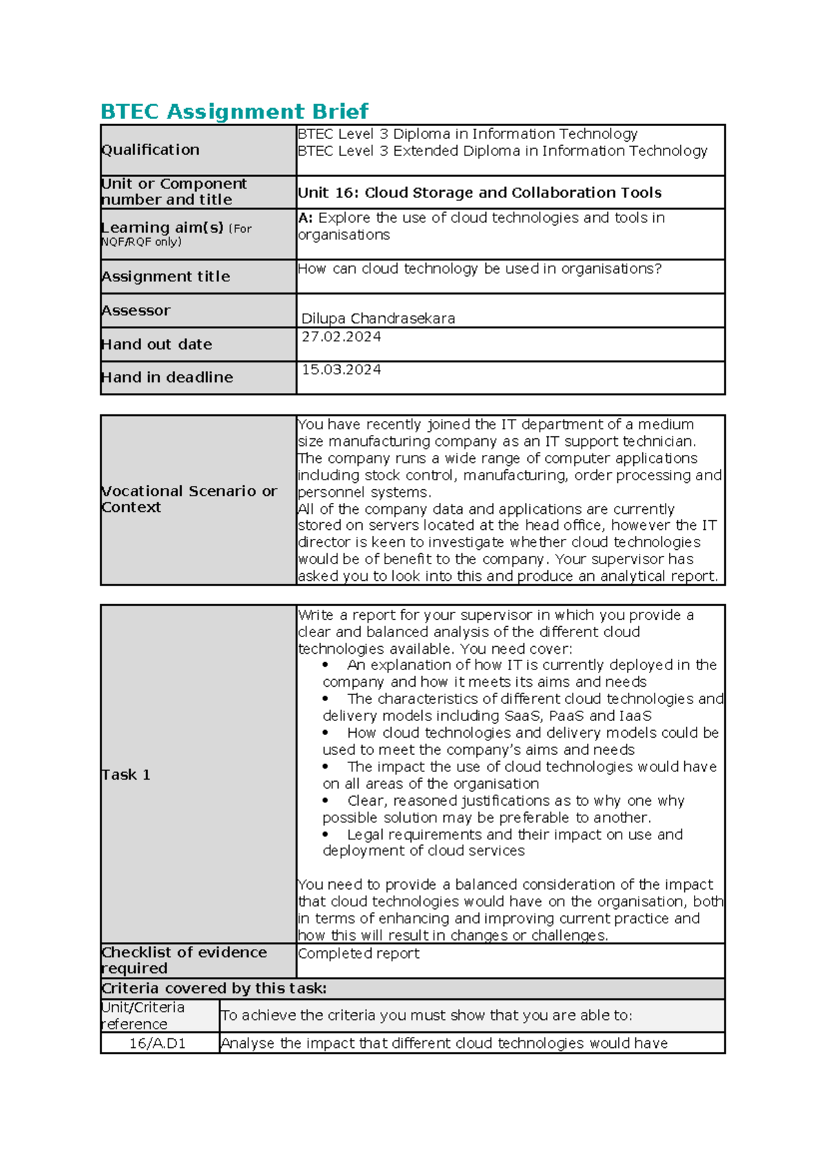 BTEC Assignment 1 Brief - Cloud Computing - BTEC Assignment Brief ...