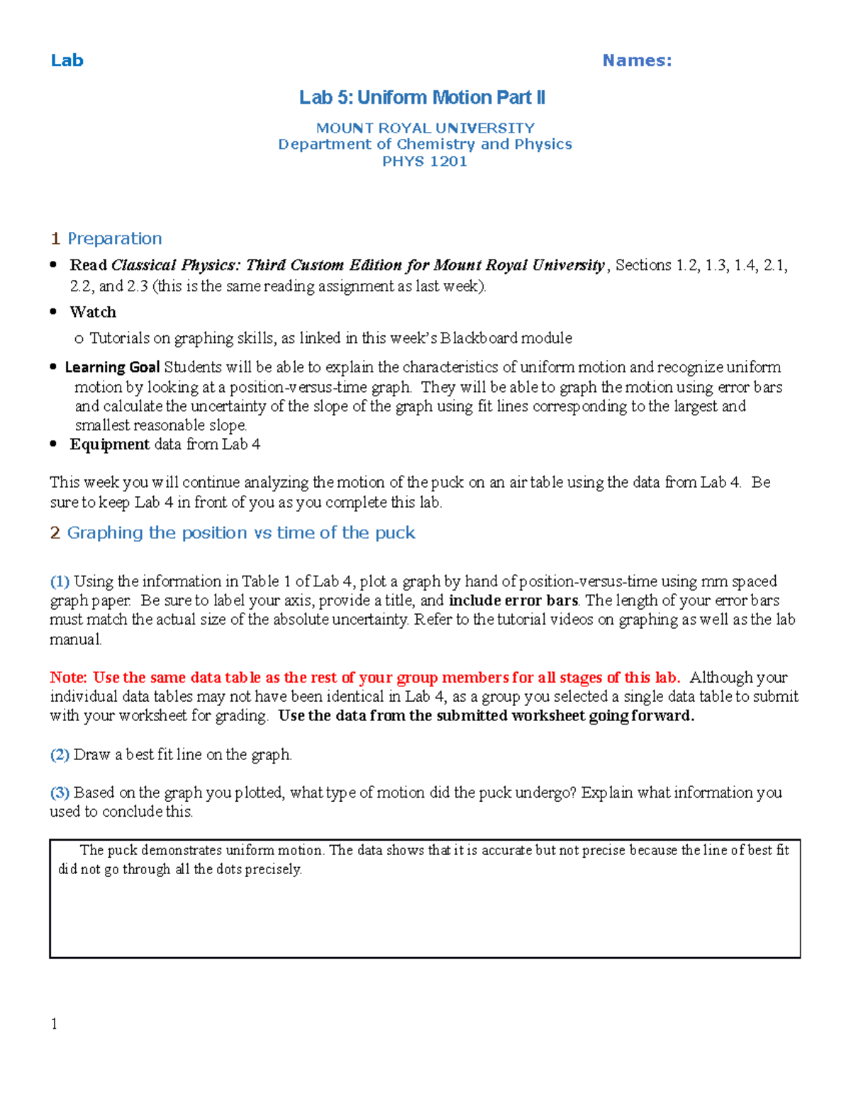Lab 5 - physics - Lab 5: Uniform Motion Part II MOUNT ROYAL UNIVERSITY ...