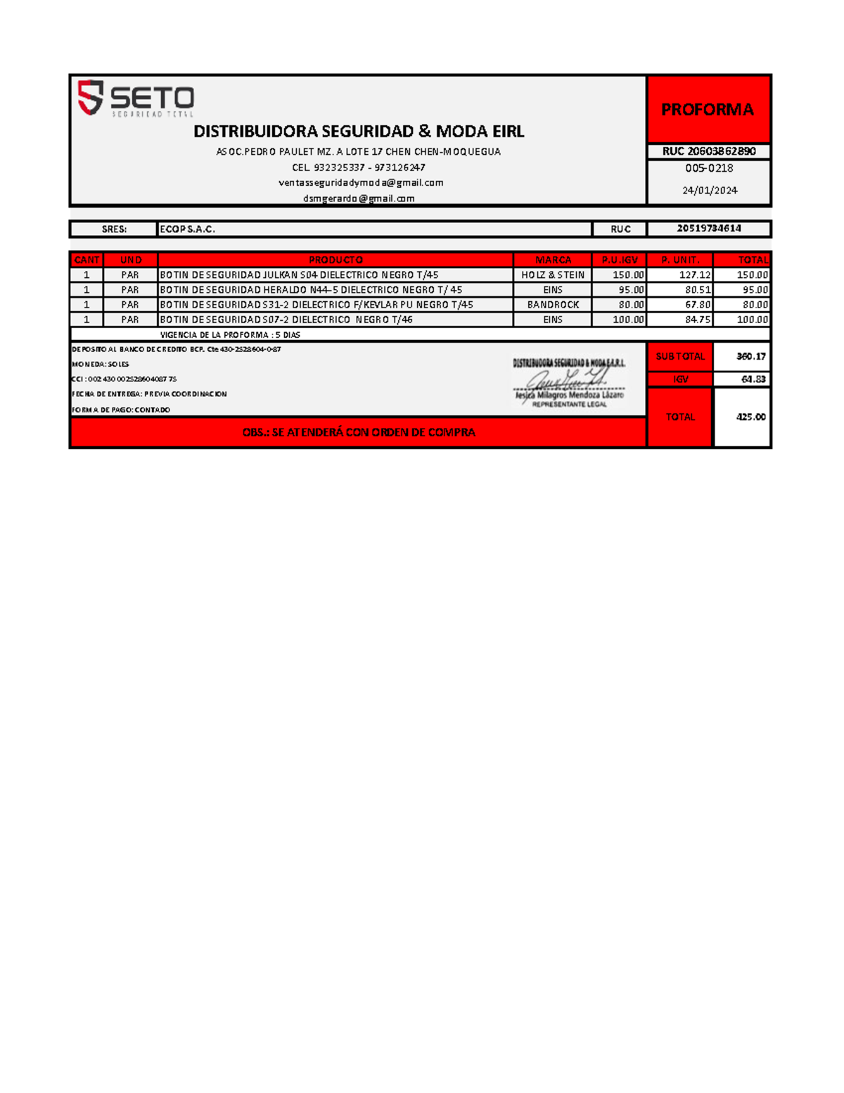 005-00218 ecop - coti - RUC CANT UND PRODUCTO MARCA P.U P. UNIT. TOTAL ...