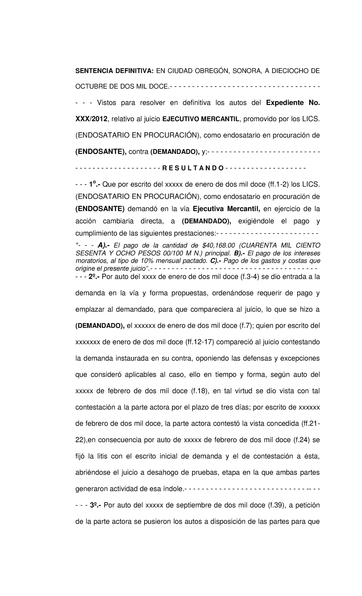 Sentencia Juicio Ejecutivo Mercantil - SENTENCIA DEFINITIVA: EN CIUDAD ...