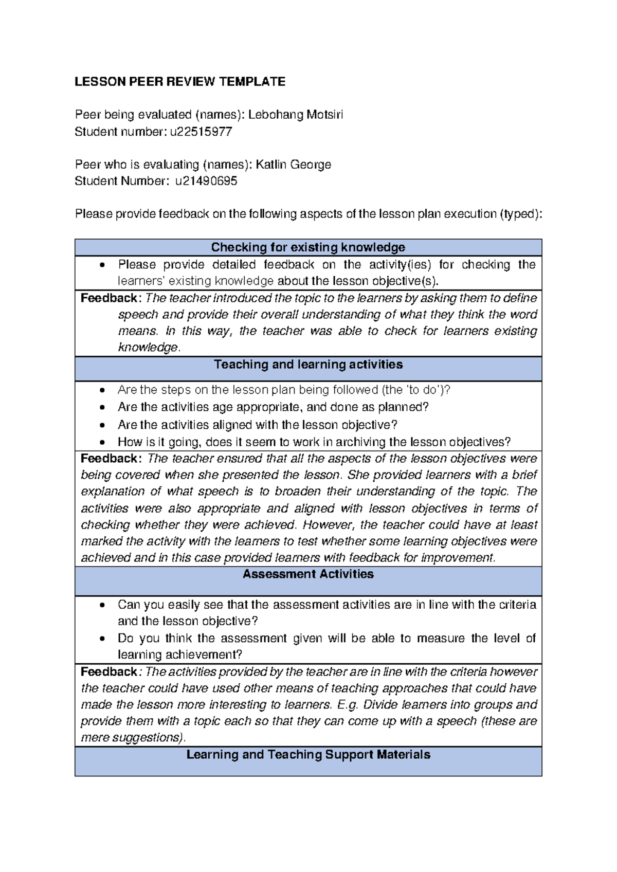Lesson Plan for JME - LESSON PEER REVIEW TEMPLATE Peer being evaluated ...