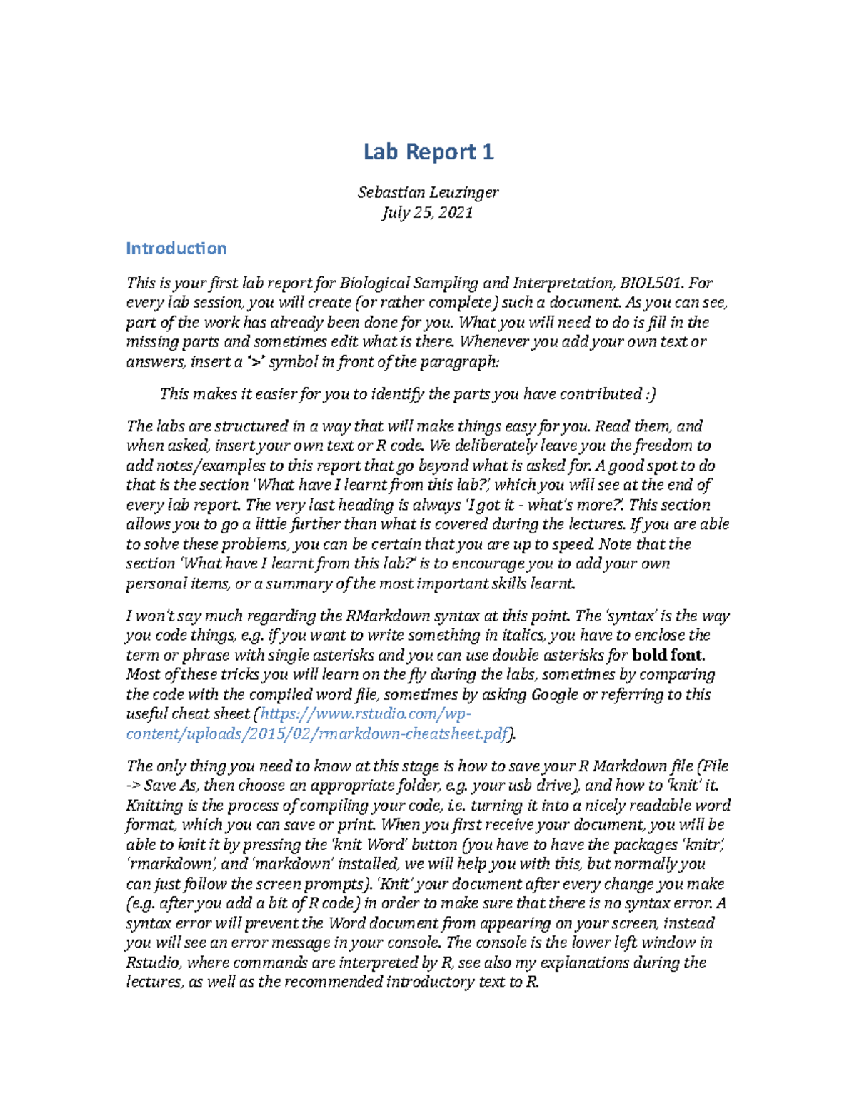 Lab1 - Lab Report 1 - Lab Report 1 Sebastian Leuzinger July 25, 2021 Introduction This is your ...