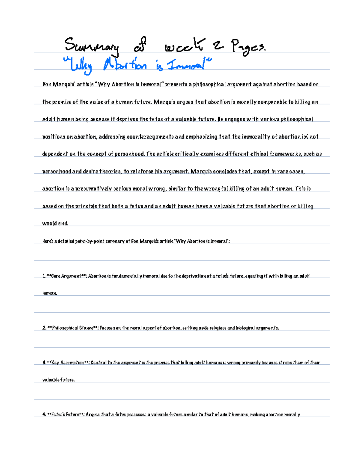 Week 2 - lecture and article notes - ####### Don Marquis’ article “Why ...