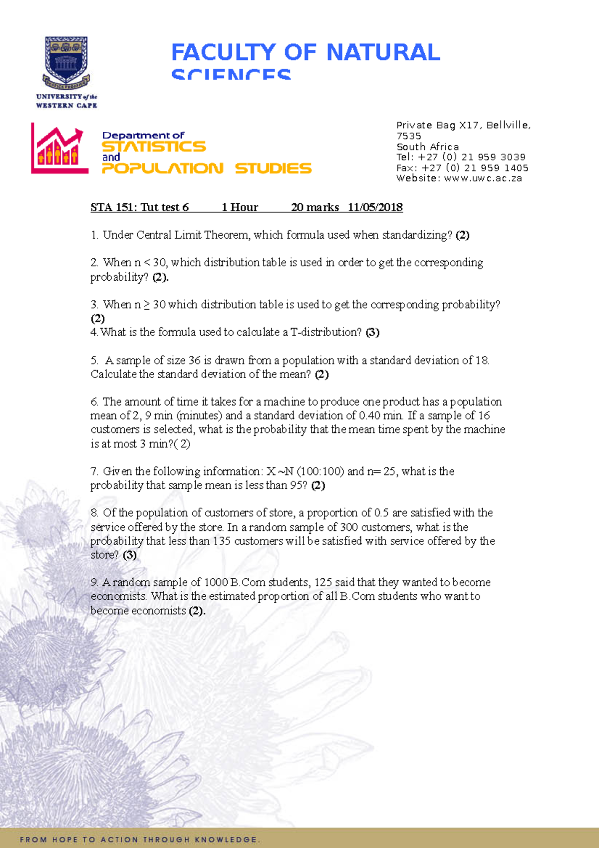 Tut test 6 - Use as tutorial - Private Bag X17, Bellville, 7535 South ...