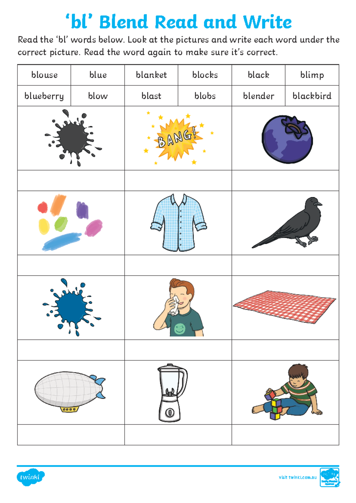 Bl Blend Read and Write Worksheet - ‘bl’ Blend Read and Write Read the ...