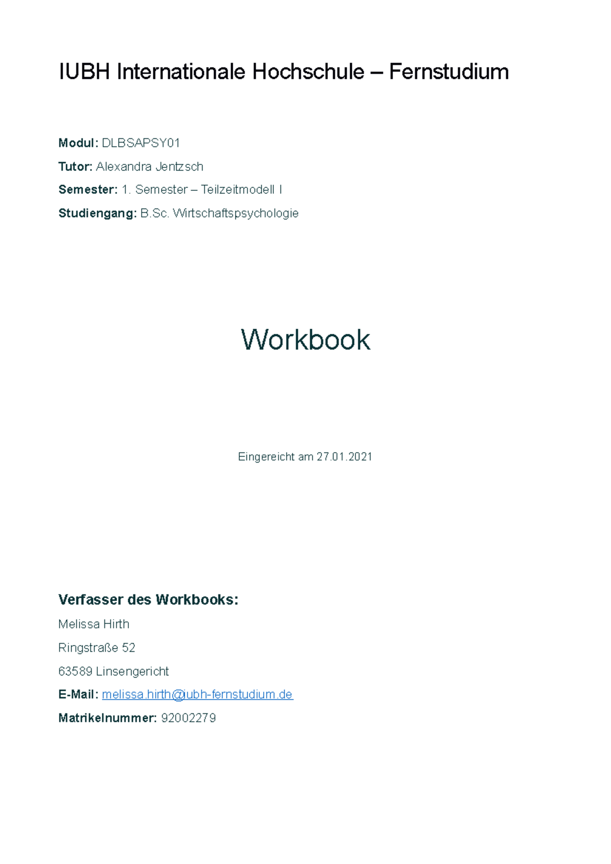 20210127 Hirth Melissa 92002 279 Dlbsapsy 01 - Psychologie - IU - Studocu