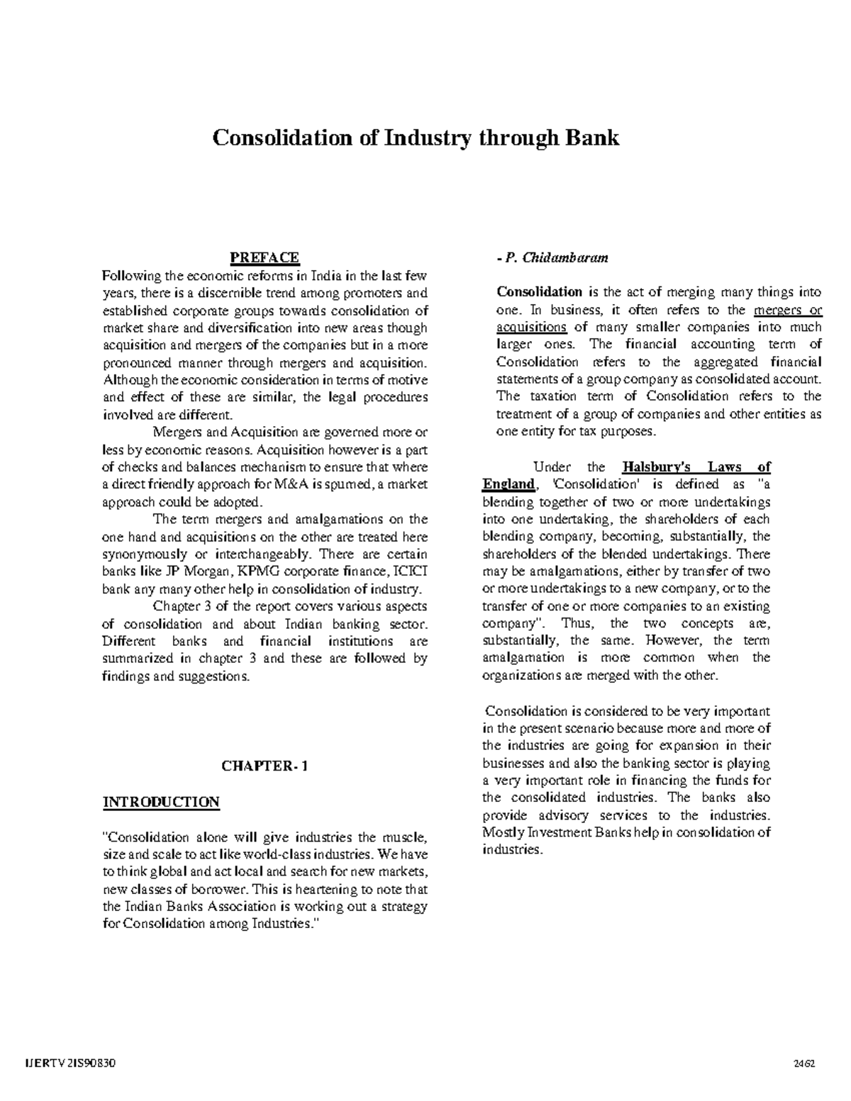Consolidation of Industry through Bank - Consolidation of Industry ...