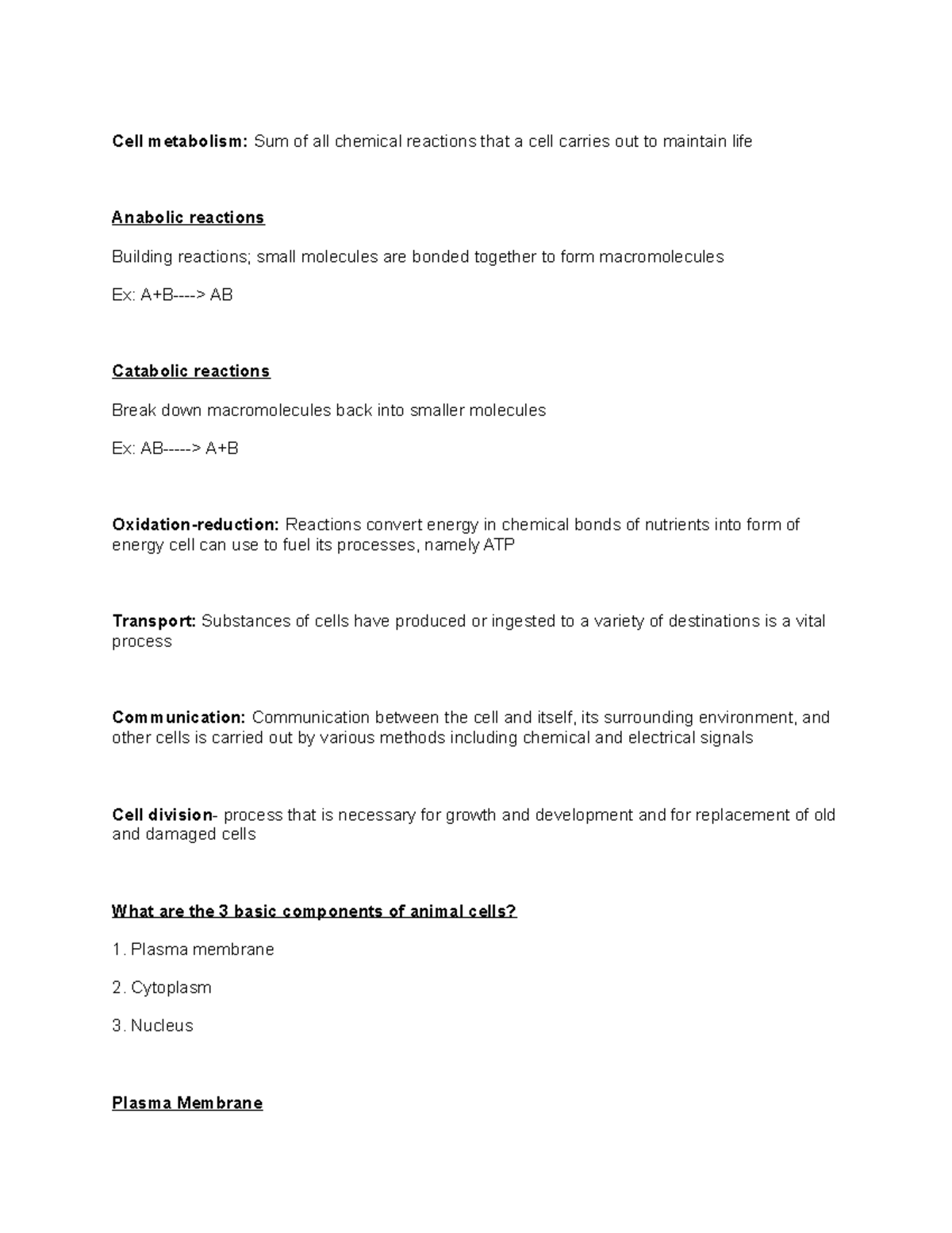 Chapter 3 A&P 1 Notes - Cell metabolism: Sum of all chemical reactions ...