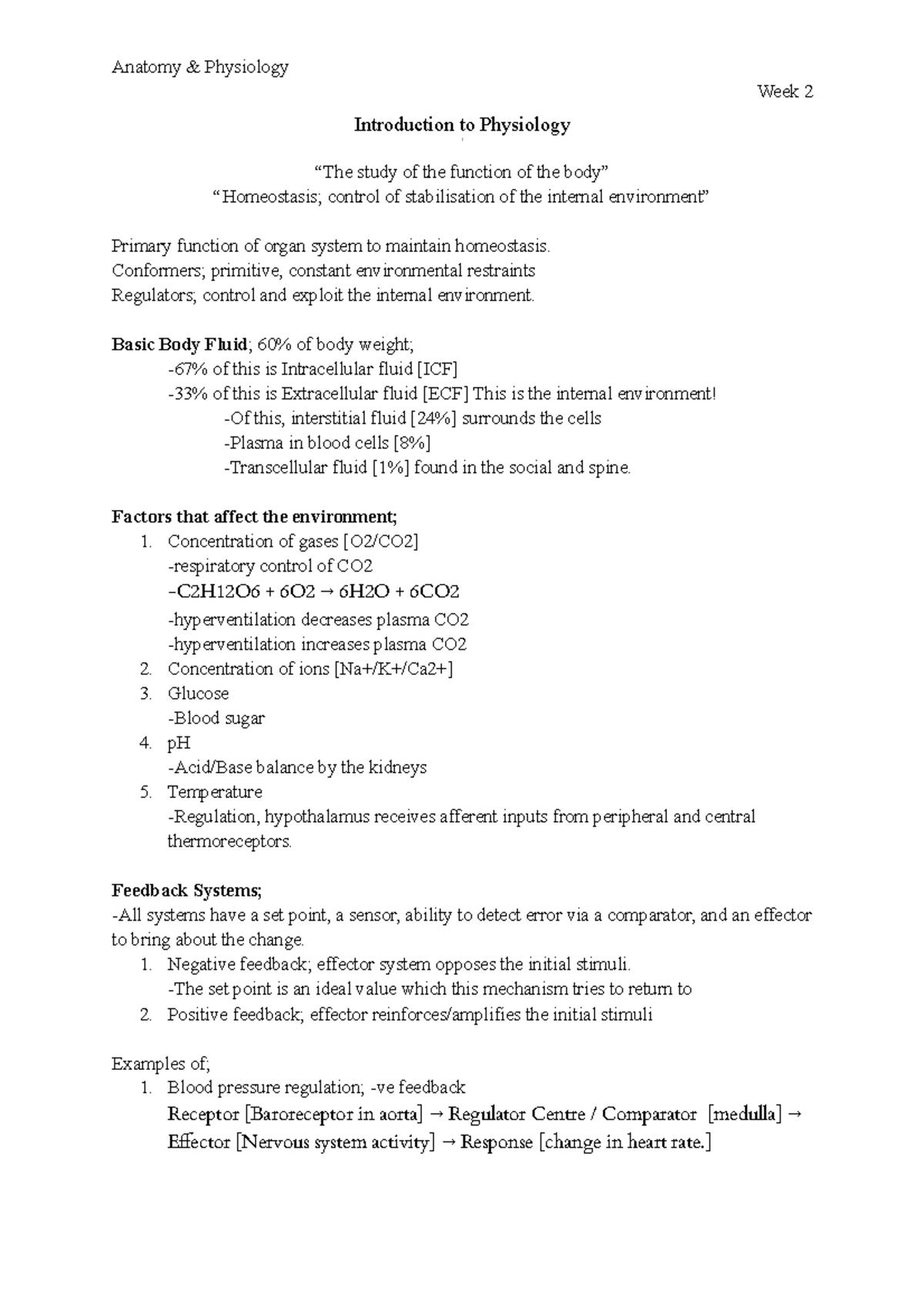 Introduction to Physiology - week 2 - Anatomy & Physiology Week 2 ...