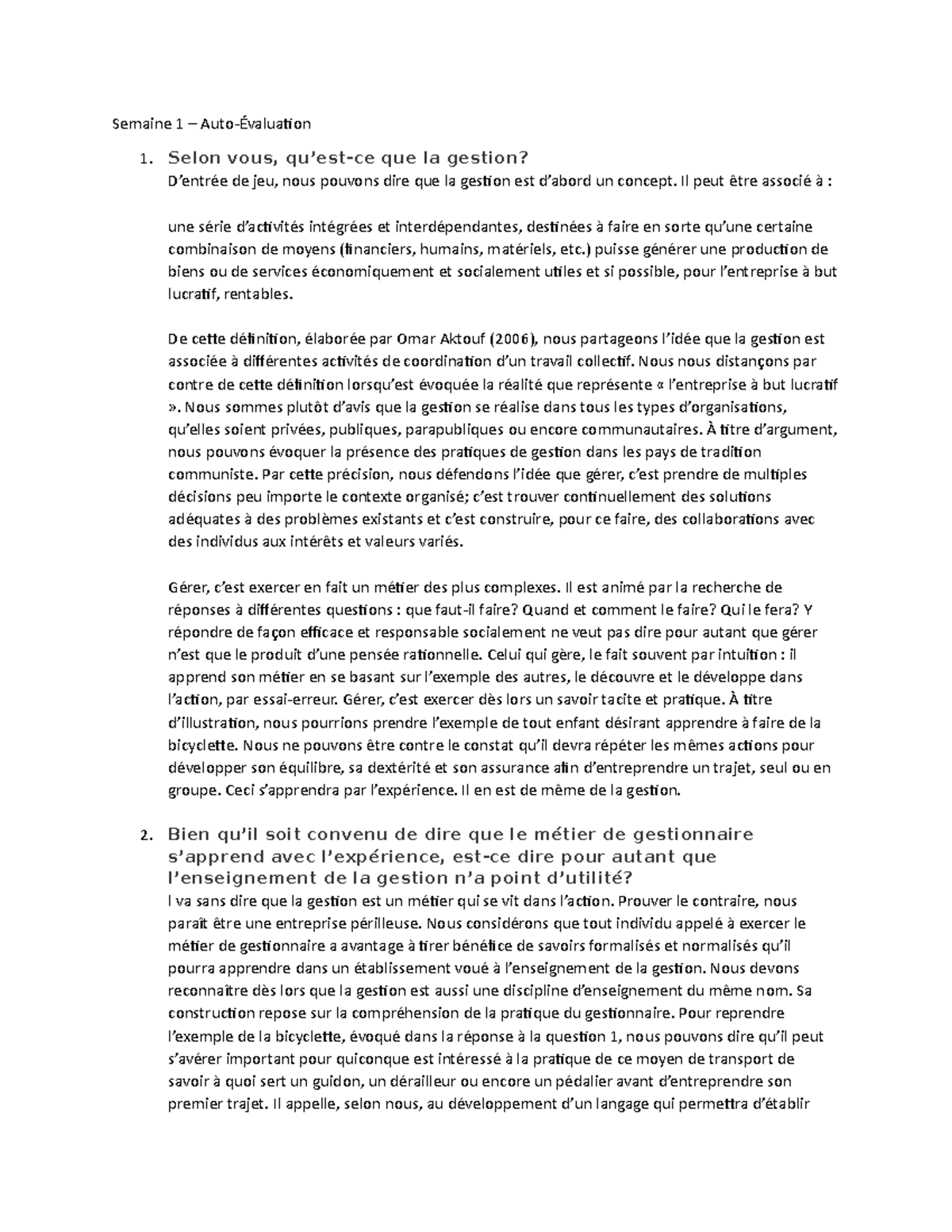 Semaine 1 - Auto-Évaluation - Semaine 1 – Auto-Évaluation Selon vous ...