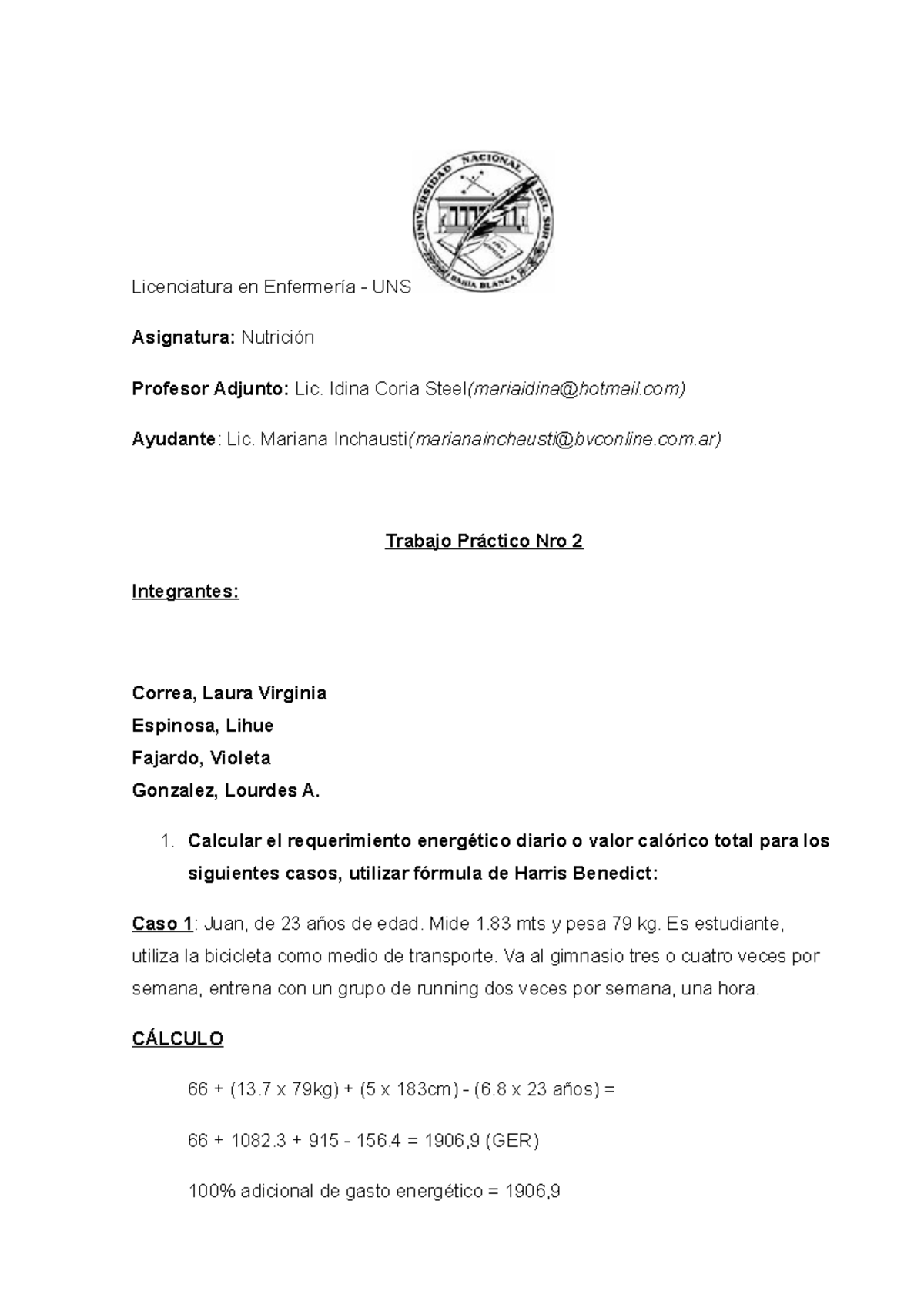 TP2 Nutrición corrección - Licenciatura en Enfermería - UNS Asignatura: Nutrición Profesor ...