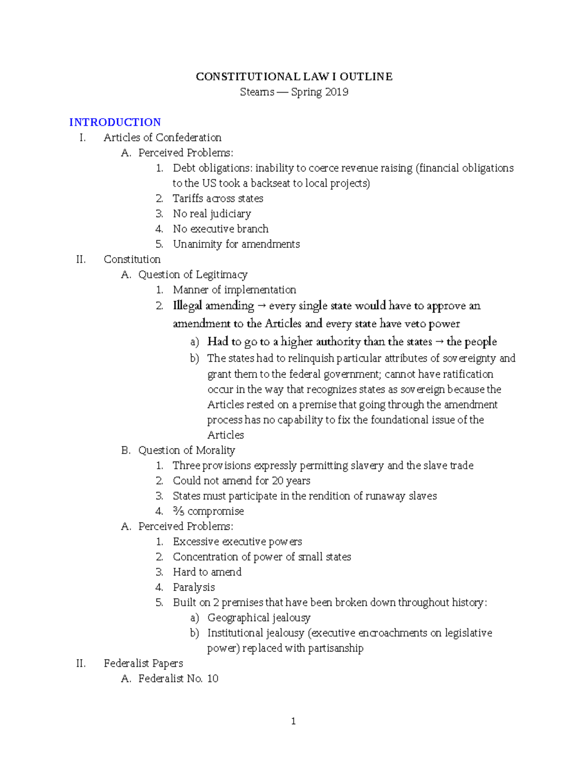 Con Law I Outline - CONSTITUTIONAL LAW I OUTLINE Stearns — Spring 2019 ...