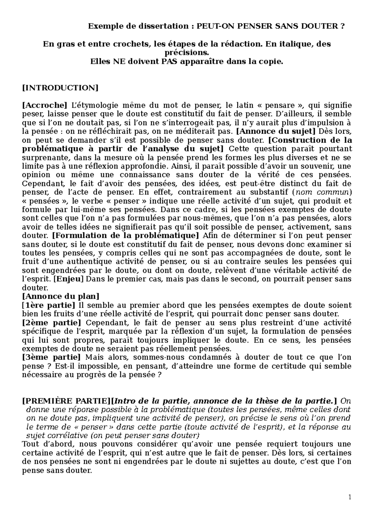Penser sans douter - préparation complète - Exemple de dissertation : PEUT-ON PENSER SANS DOUTER ...