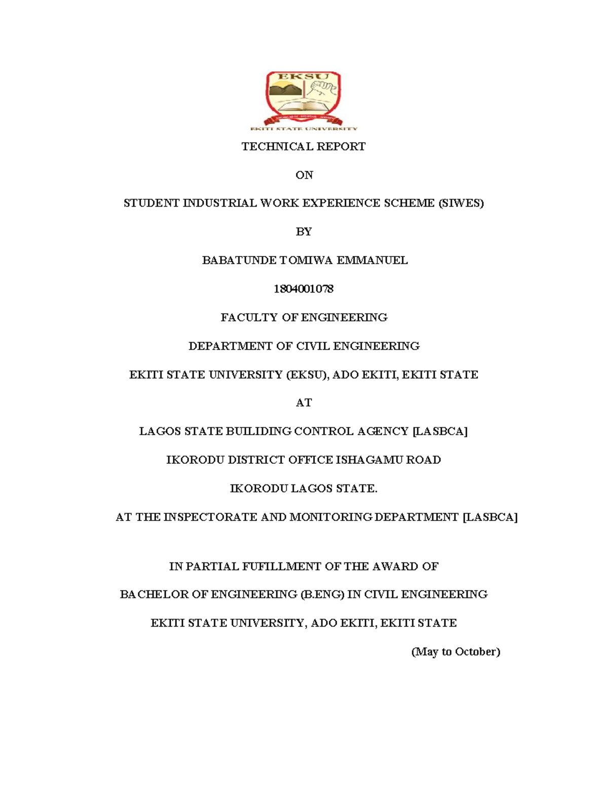 Report MI - TECHNICAL REPORT ON STUDENT INDUSTRIAL WORK EXPERIENCE ...