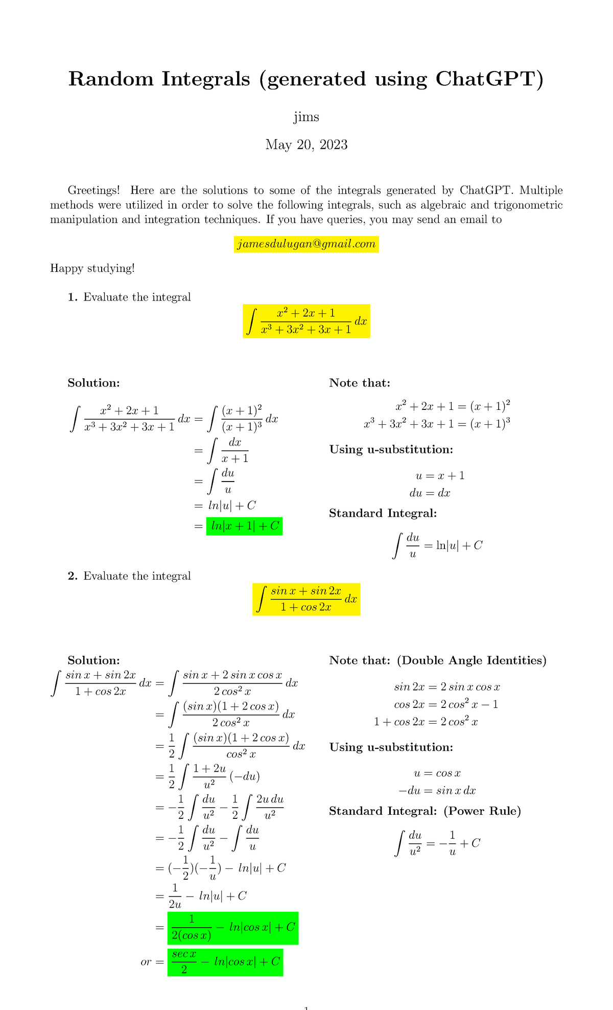 Random Integrals - Multiple methods were utilized in order to solve the following integrals ...