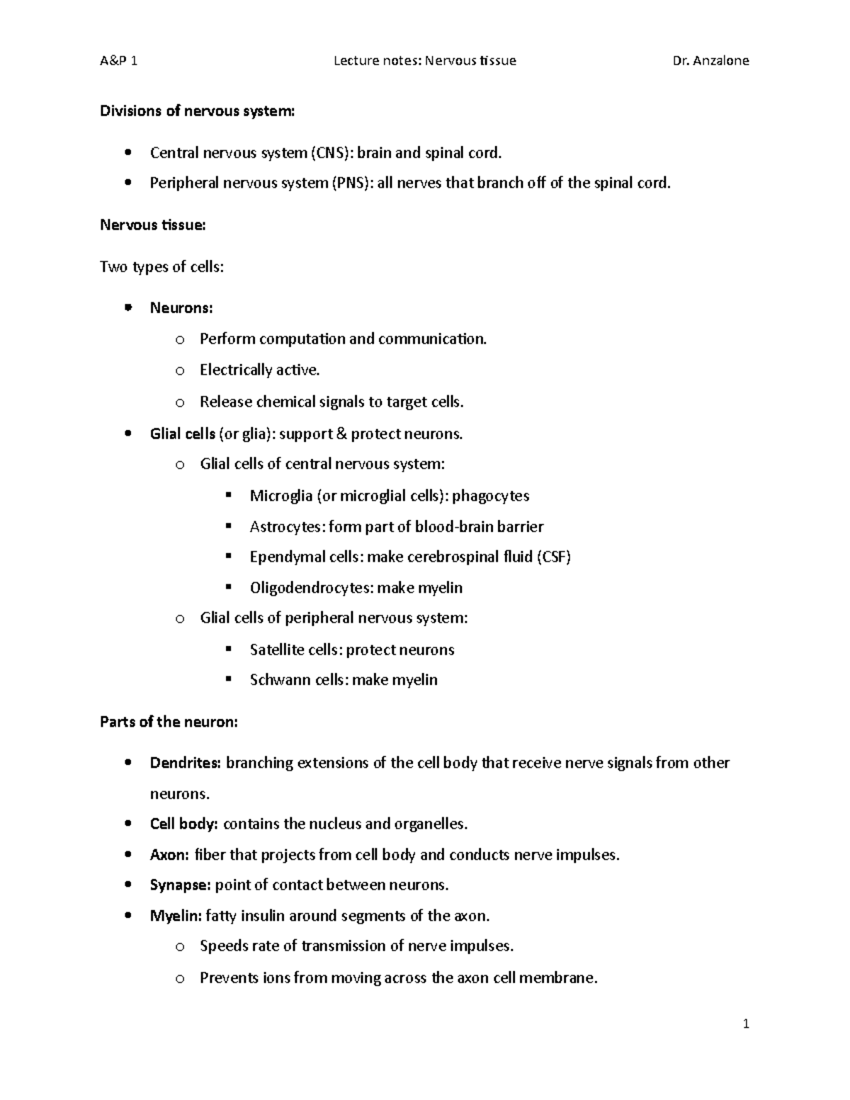 Nervous tissue lecture notes 11 - Divisions of nervous system: Central ...