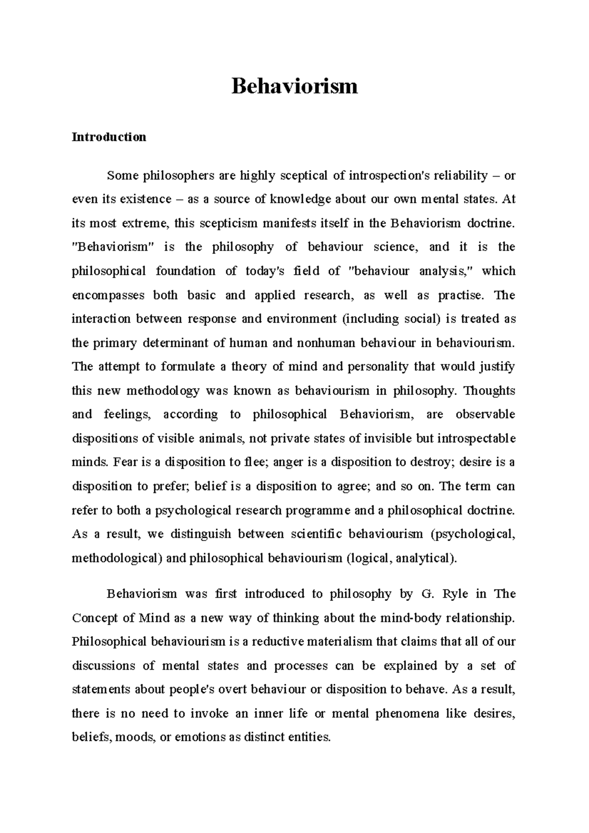 Behaviorism - Lecture notes 4 - Behaviorism Introduction Some ...