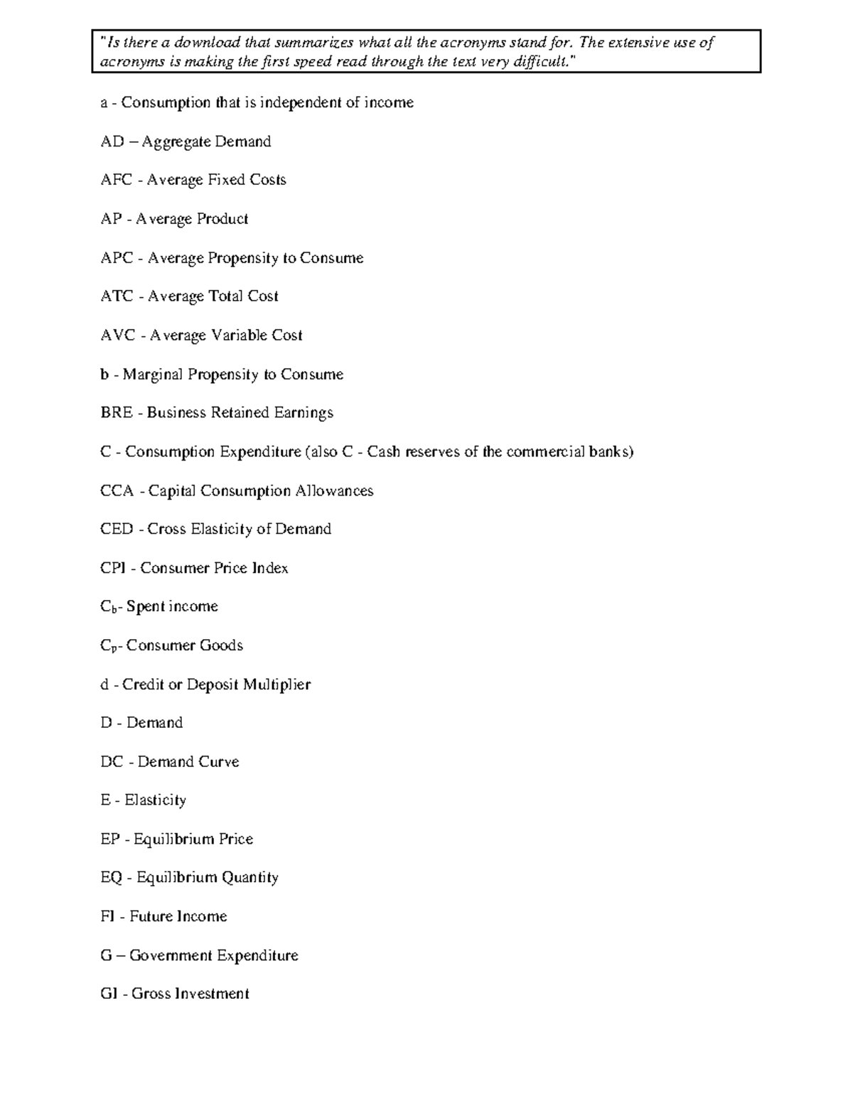 Economics Acronyms - Economie - "Is there a download that summarizes ...