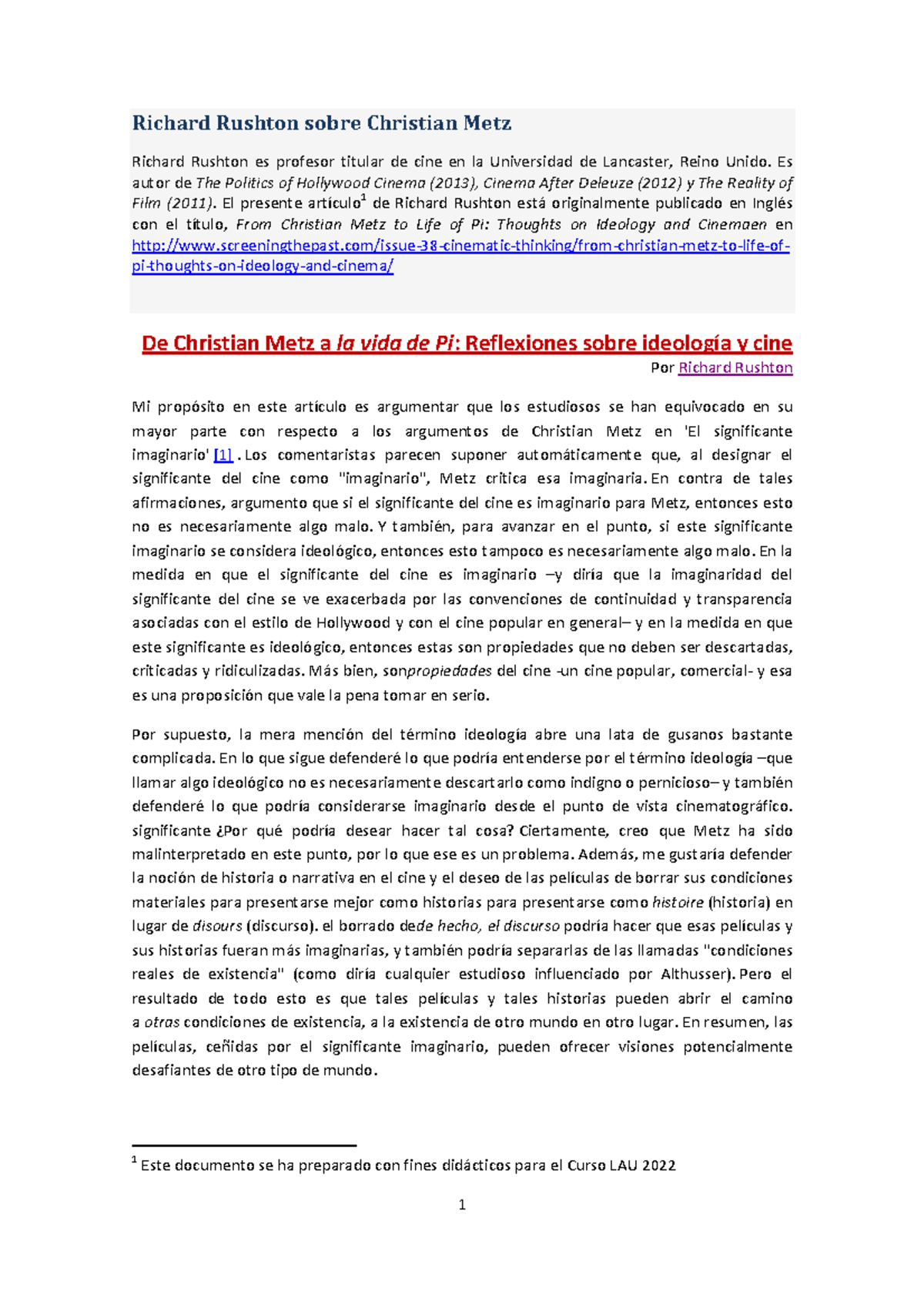 Richard Rushton sobre Christian Metz - Richard Rushton sobre Christian ...