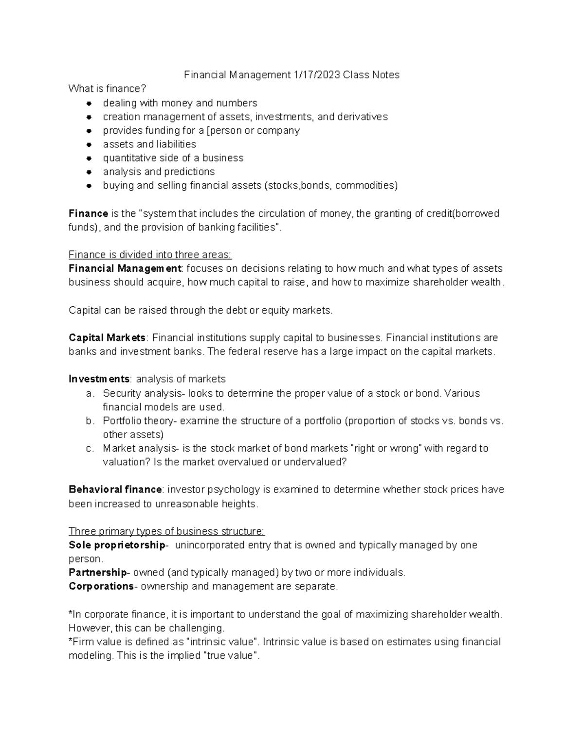 Financial Management 1 17 2023 Class notes chapter 1 - Financial ...