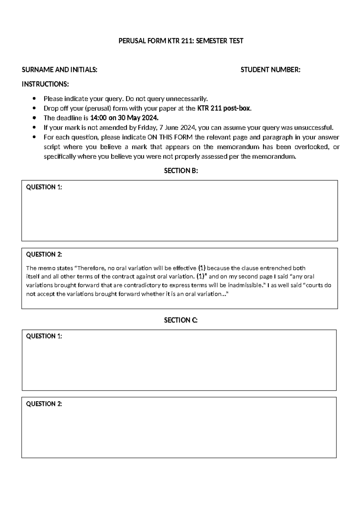 KTR 211 Perusal FORM-2 - PERUSAL FORM KTR 211: SEMESTER TEST SURNAME ...