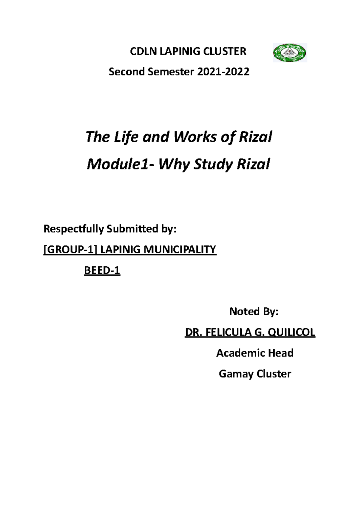 CDLN Lapinig Cluster - ddfddd - CDLN LAPINIG CLUSTER Second Semester ...