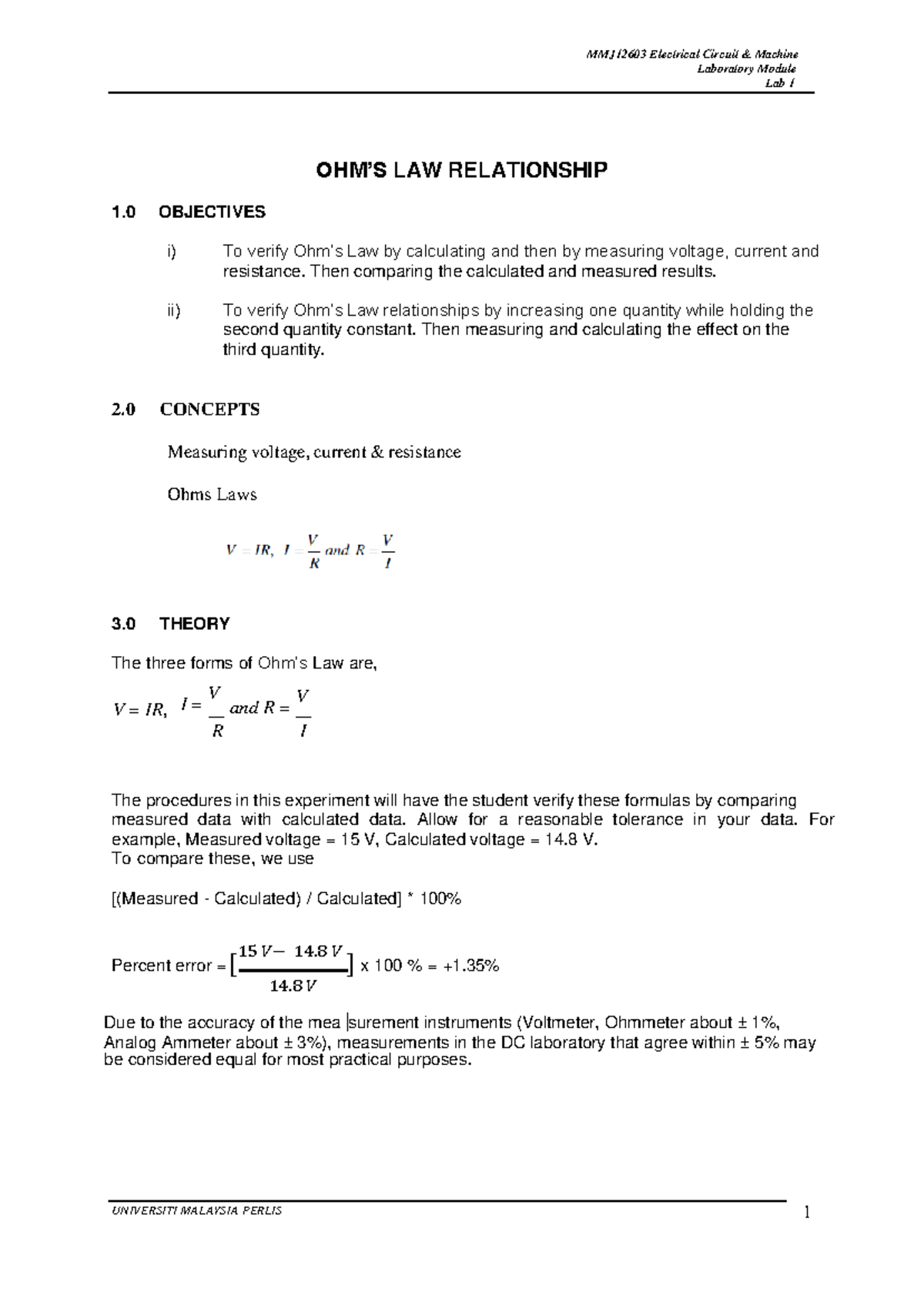 Lab 1 Ohms Law - Laboratory Module Lab 1 OHM’S LAW RELATIONSHIP 1 ...