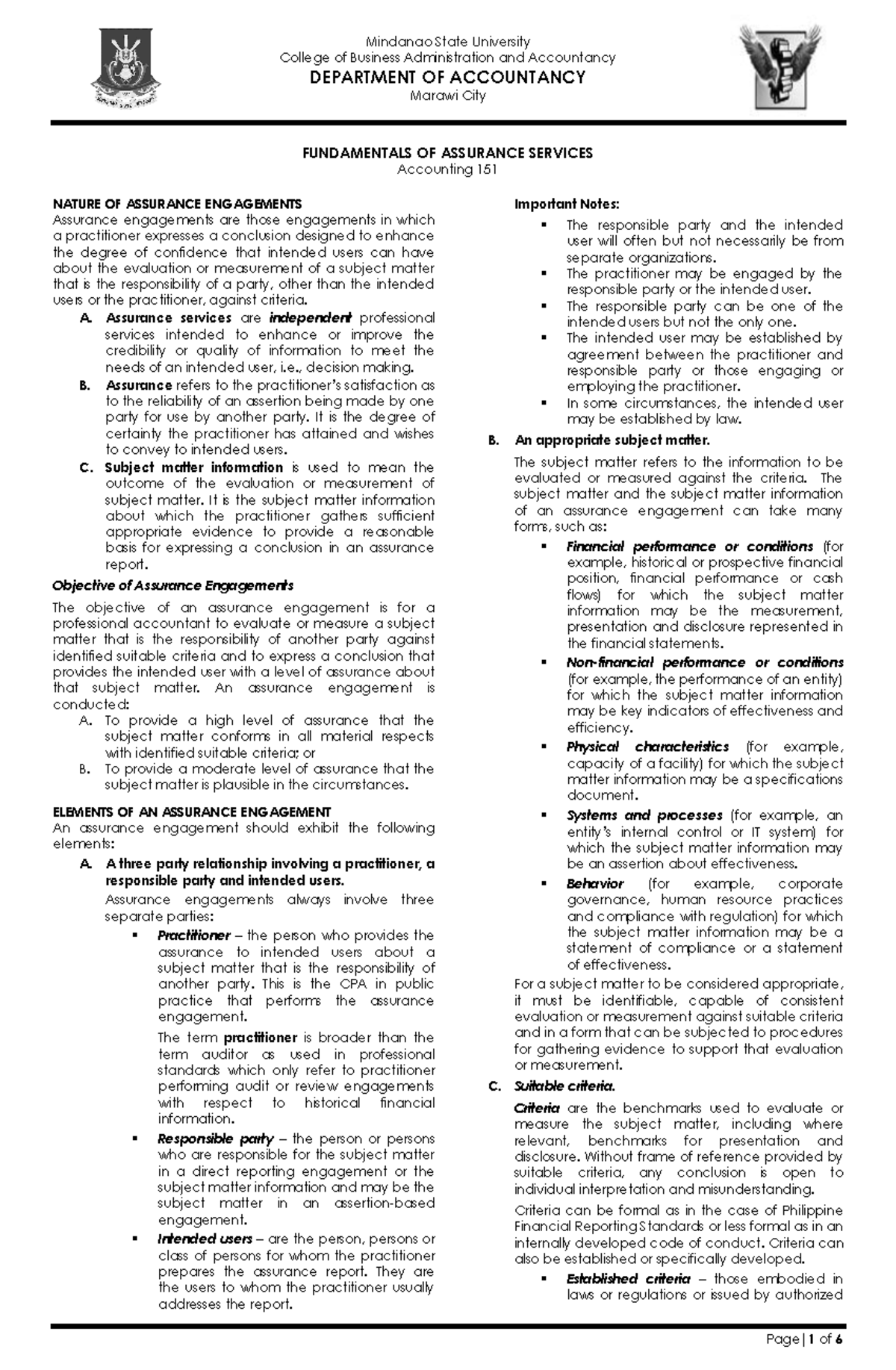 1. Fundamentals of Assurance Services (final) - Mindanao State ...