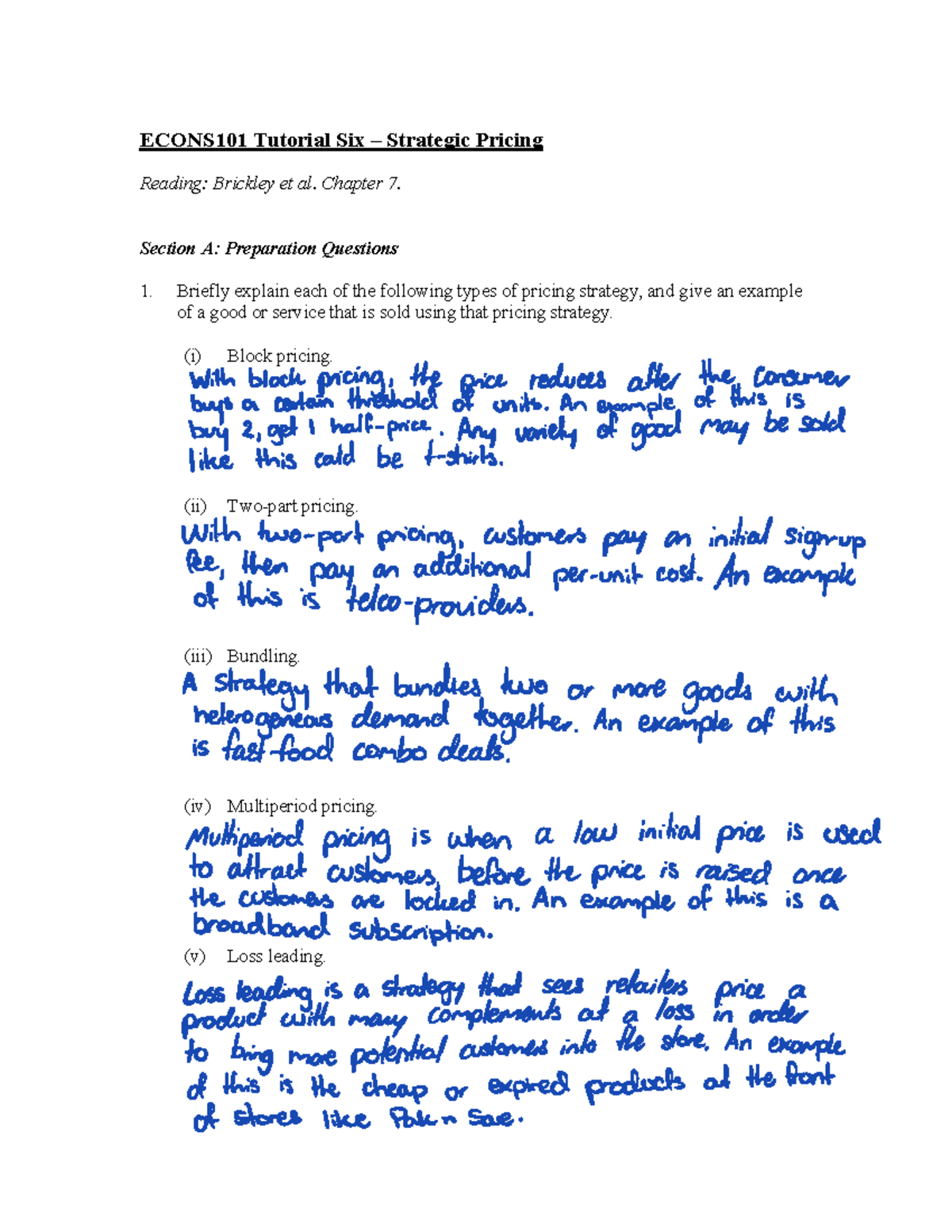 TEST 2 - ECO Tutorial Questions - ECONS101 Tutorial Six – Strategic ...