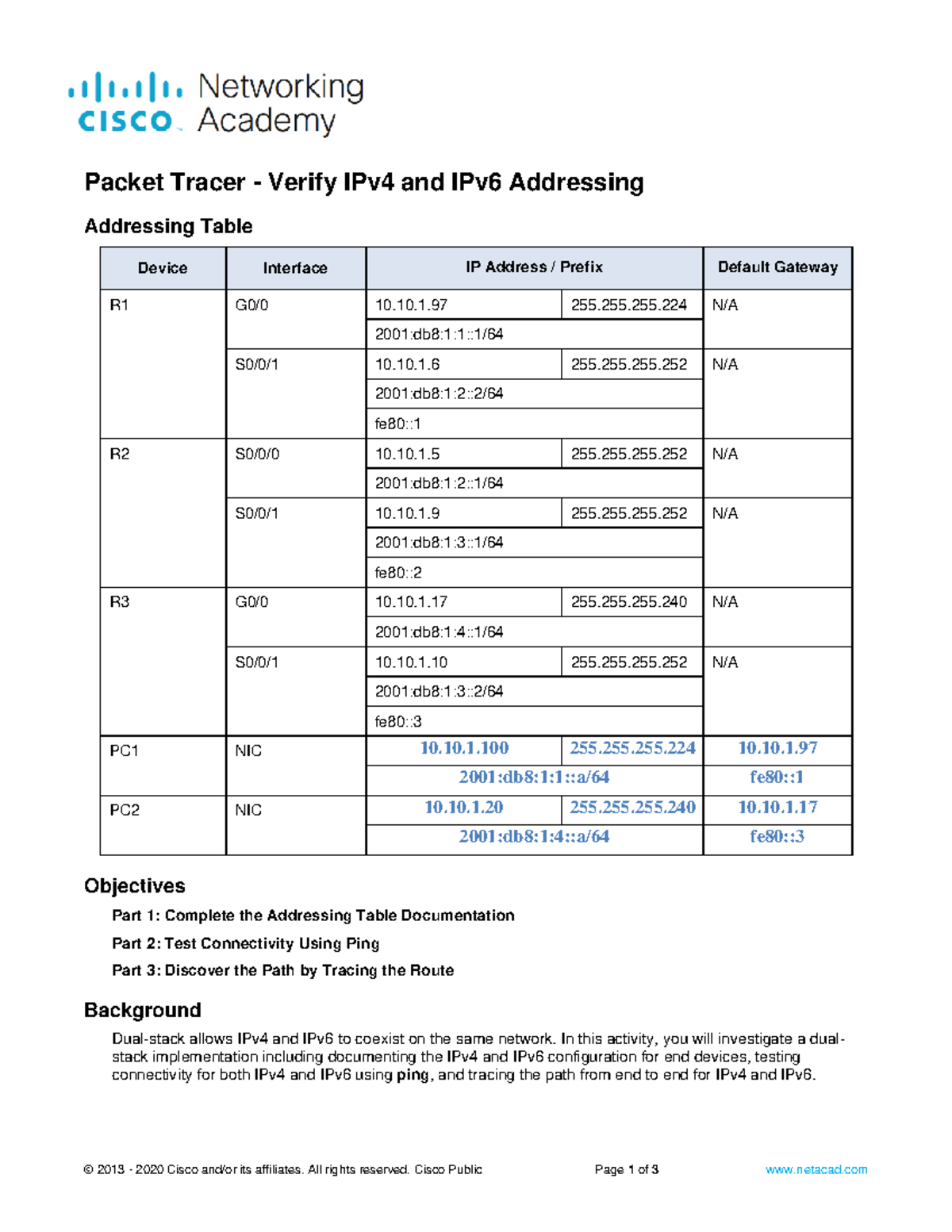 7.2.8-packet-tracer -verify-ipv4-and-ipv6-addressing es-XL 2003 0114 - Addressing Table Device ...