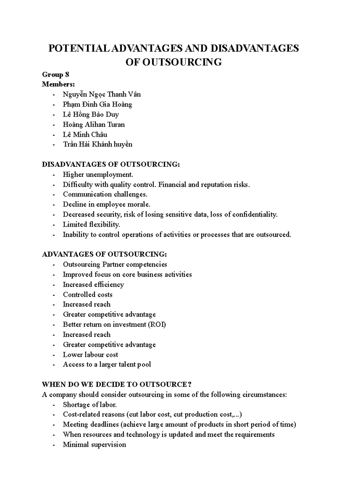 Disadvantages AND Advantages OF Outsourcing - POTENTIAL ADVANTAGES AND ...