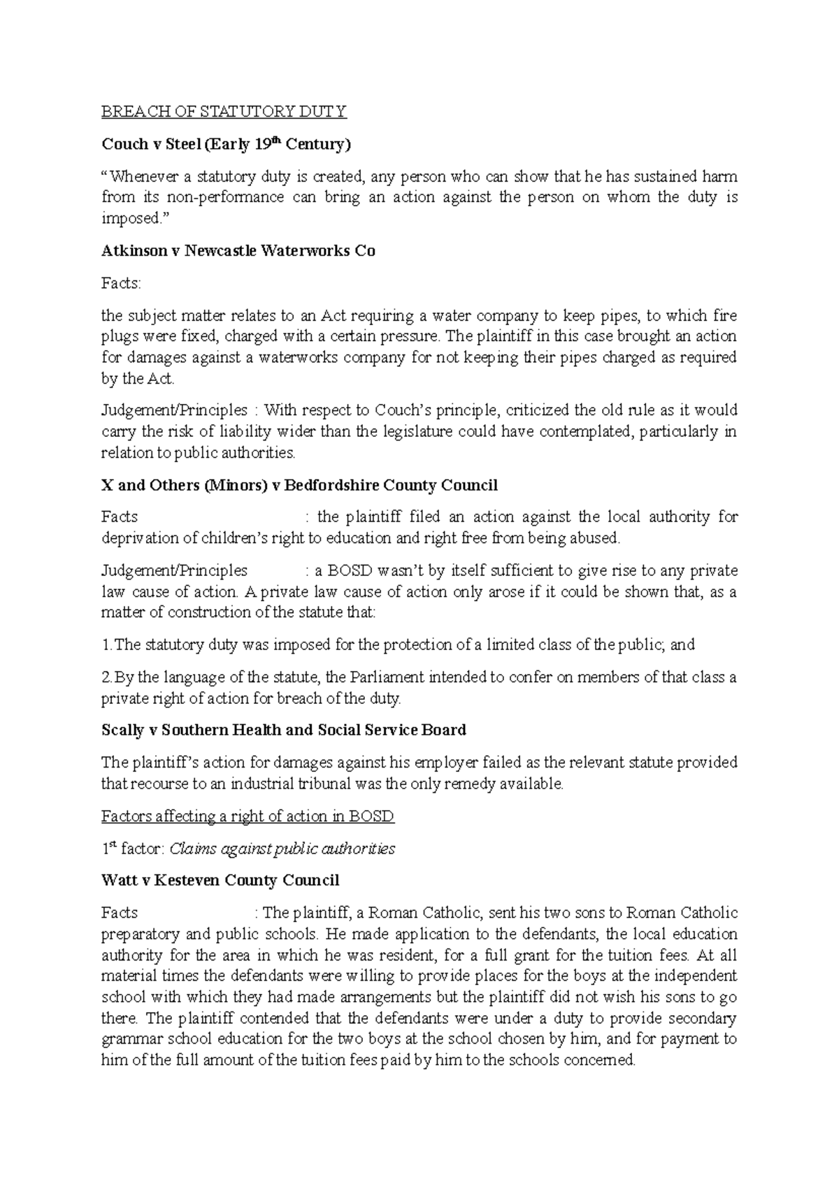 Breach OF Statutory DUTY - BREACH OF STATUTORY DUTY Couch v Steel ...