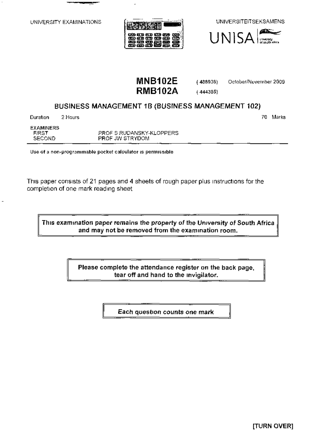 MNB1601 - Exam 2009 - UNIVERSITEITSEKSAMENS UNIVERSITY EXAMINATIONS ...