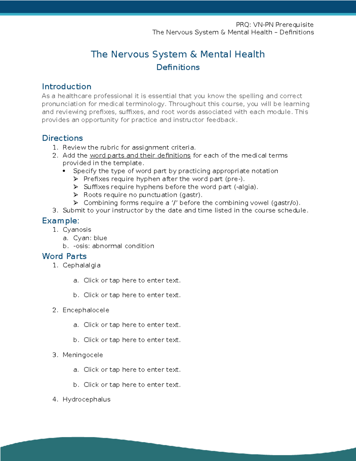 Assignment Definitions (Ch. 10 - Nervous System & Mental Health) - The ...